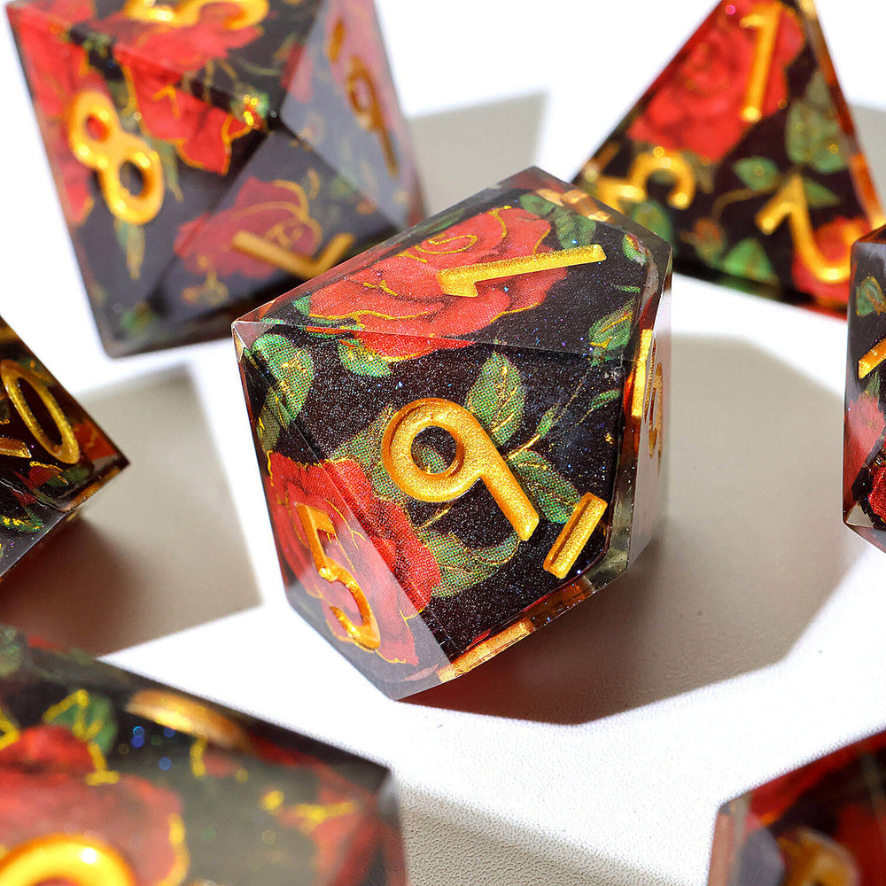 7-Piece Polyhedral D&D Dice Set | Red Flower Black