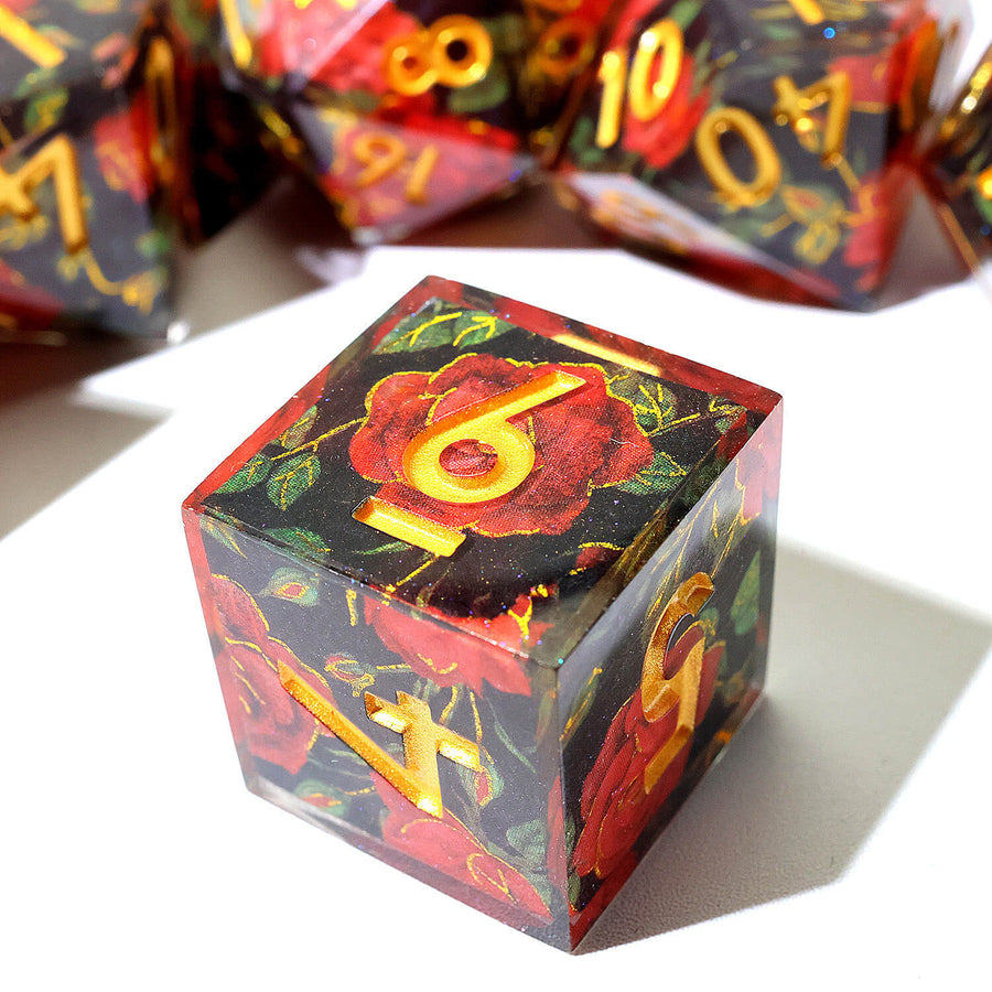 7-Piece Polyhedral D&D Dice Set | Red Flower Black