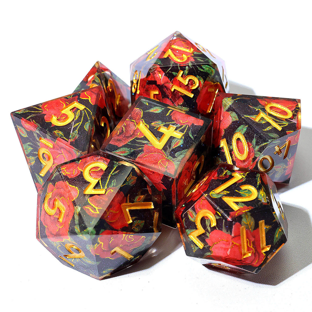 7-Piece Polyhedral D&D Dice Set | Red Flower Black