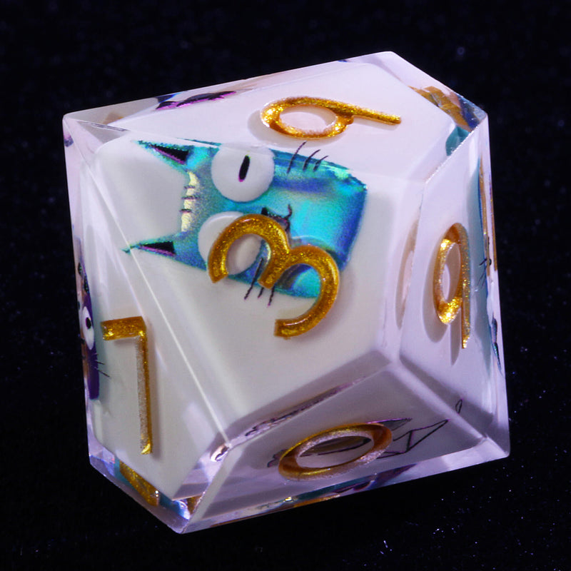 7 Piece Resin Polyhedral D&D Dice Sets Smiley Cat White | RPG Dice
