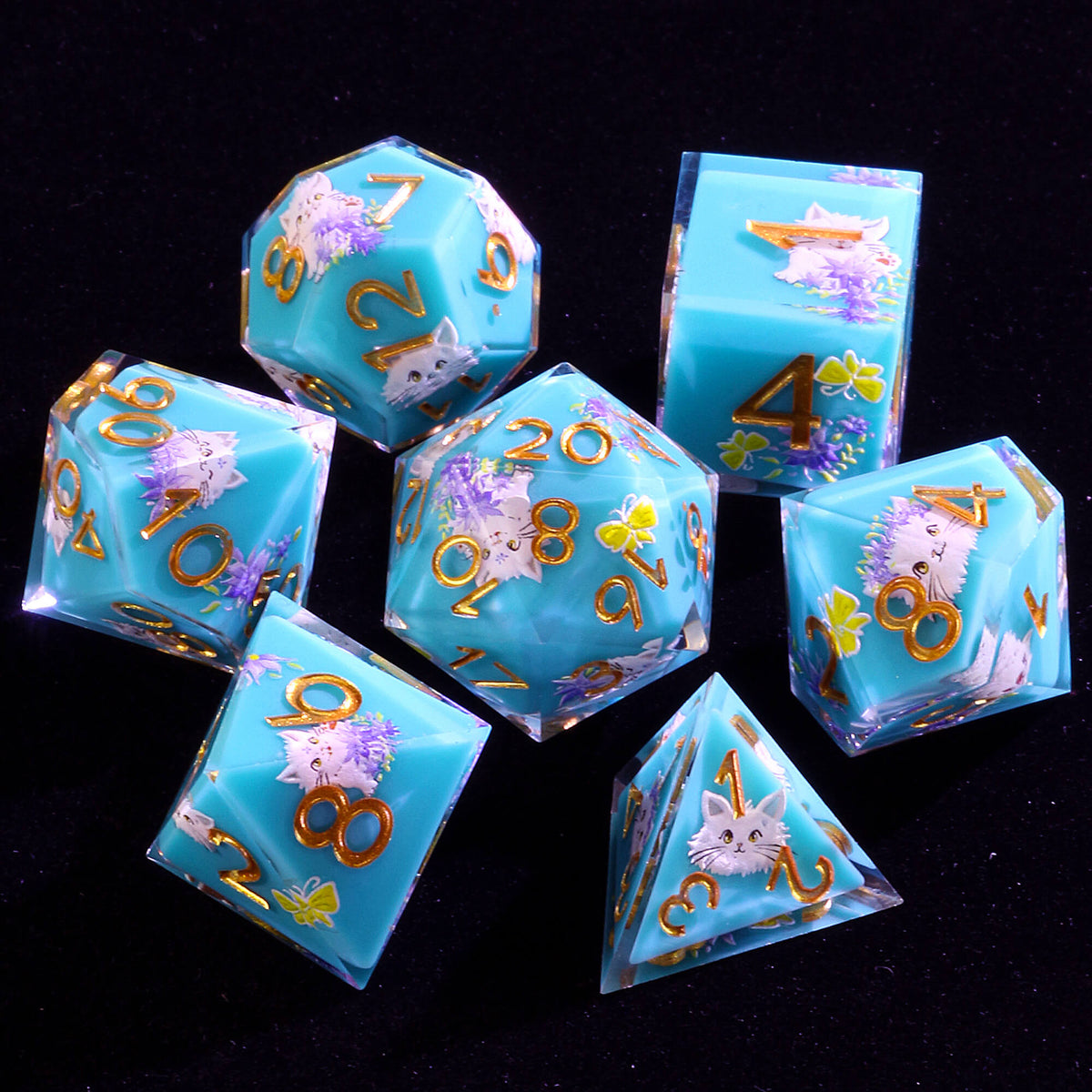 7 Piece Resin Polyhedral Dice Sets D&D Kitty Blue | RPG Dice