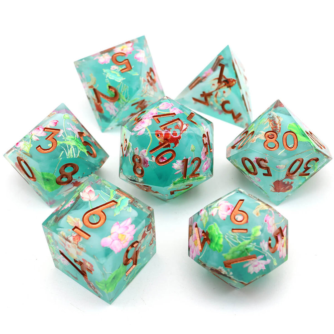 7-Piece Sharp Edge Layered Lotus Flower DND Dice Set | Dice of Dragons