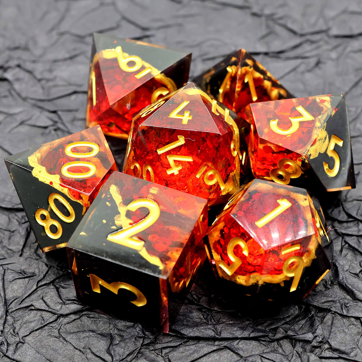 7-Piece Sharp Edge Red Geode DND Dice Set | Dice of Dragons