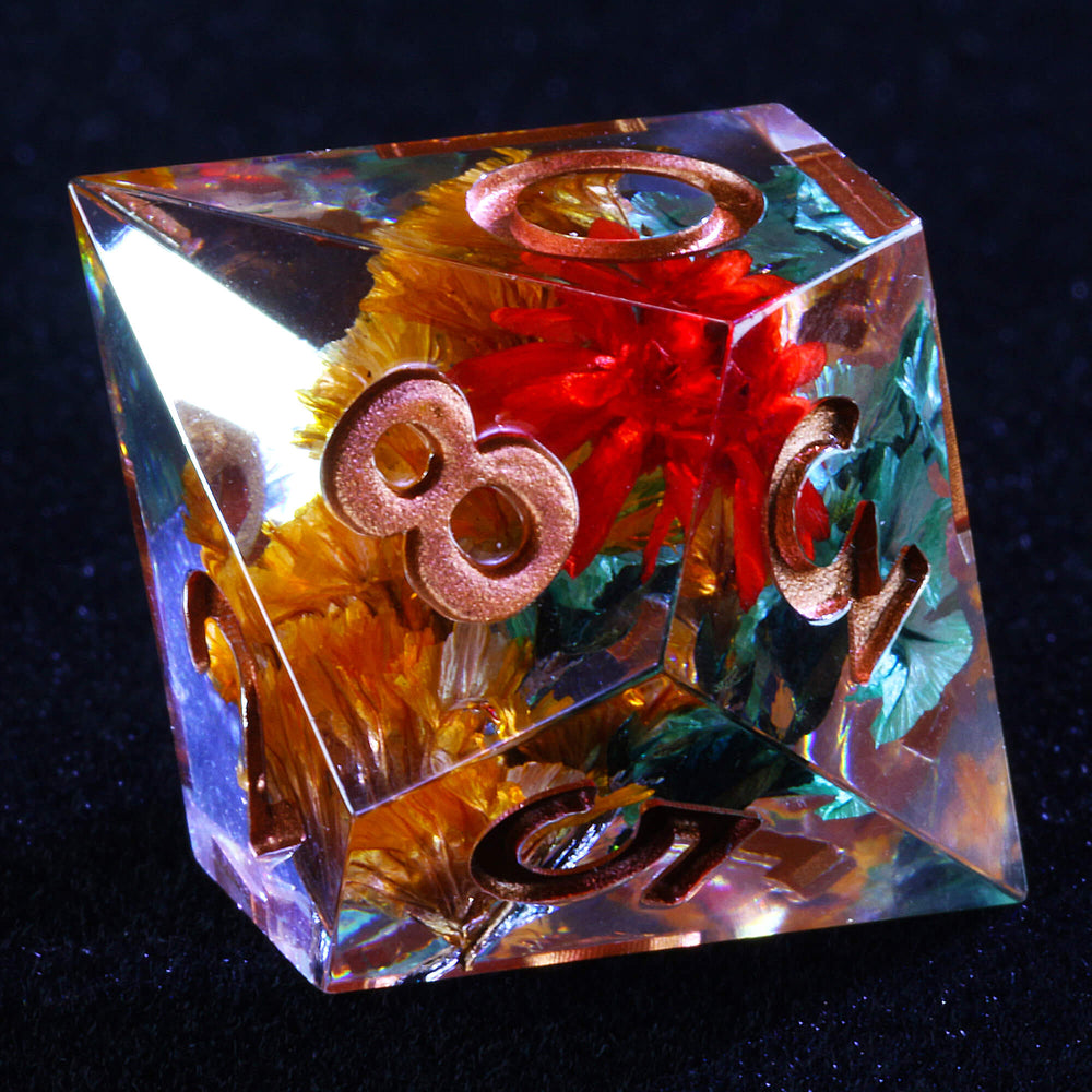 7 Polyhedral Resin DD Set of Dice Red Yellow Flower
