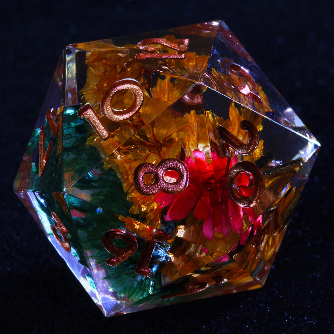 7 Polyhedral Resin DD Set of Dice Red Yellow Flower