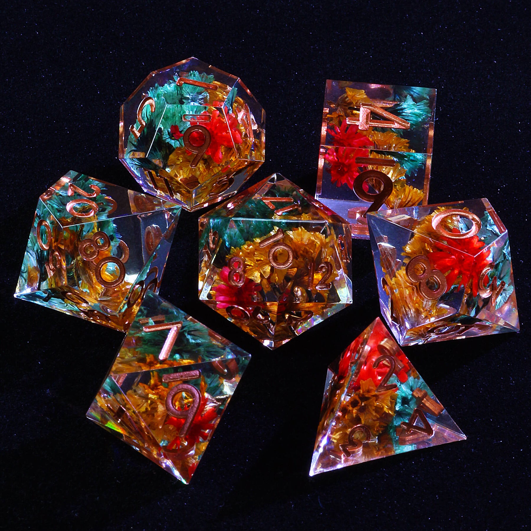 7 Polyhedral Resin DD Set of Dice Red Yellow Flower