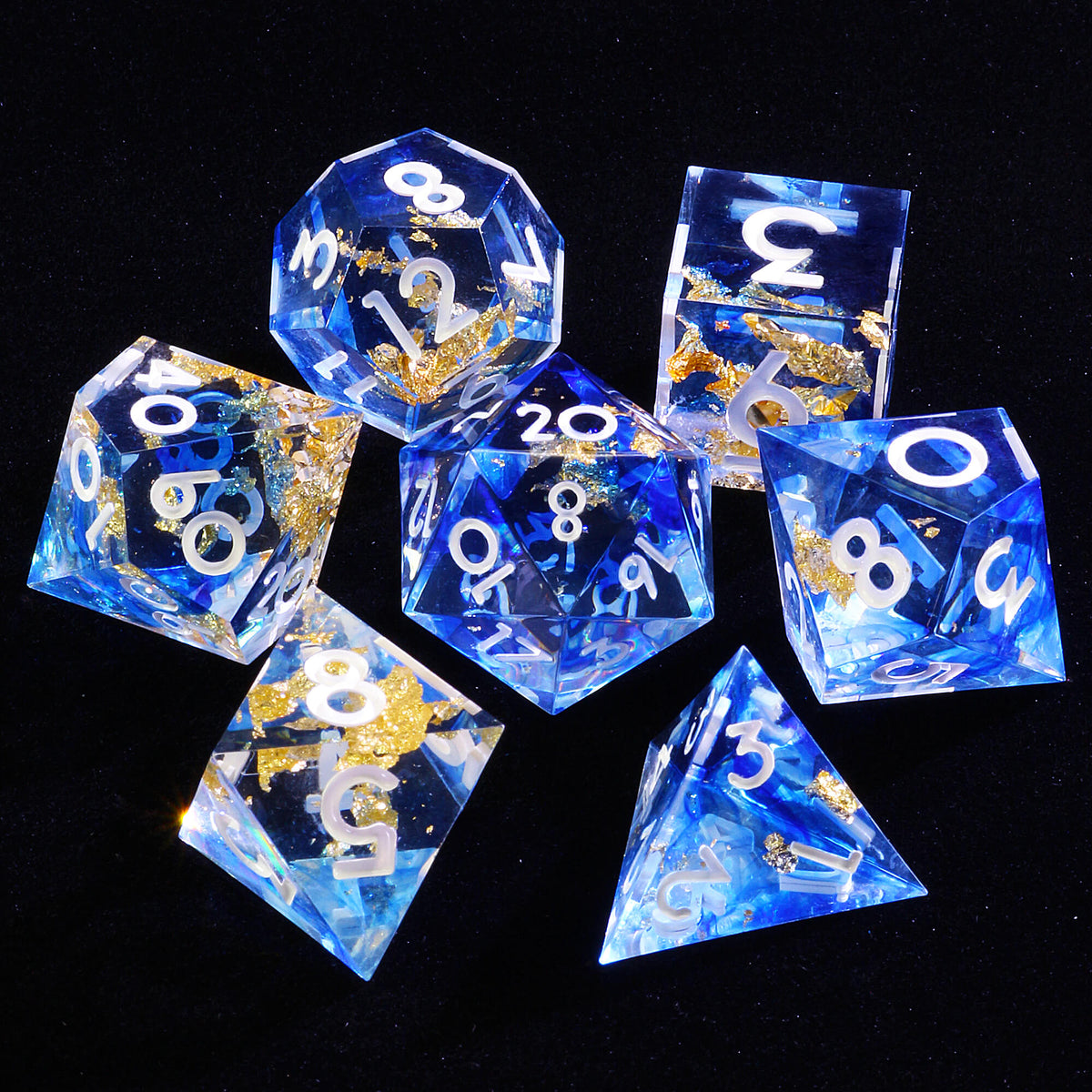 7 Polyhedral Resin Dice Sets DnD Gold Paper Blue