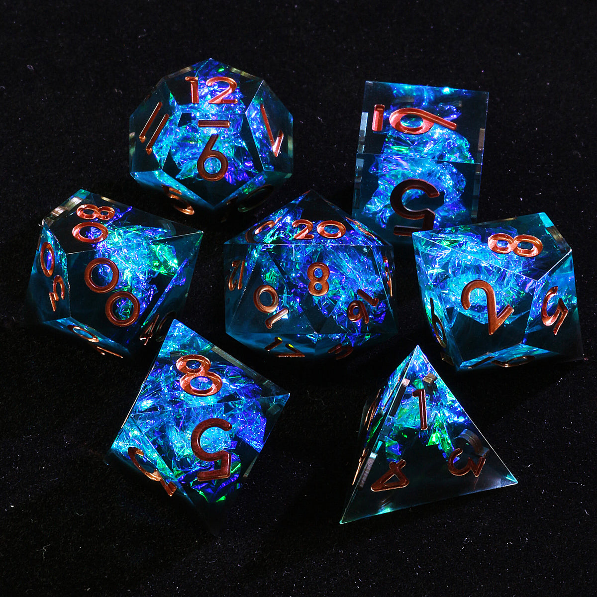 7 Polyhedral Resin DnD Set of Dice Glitter Paper Blue