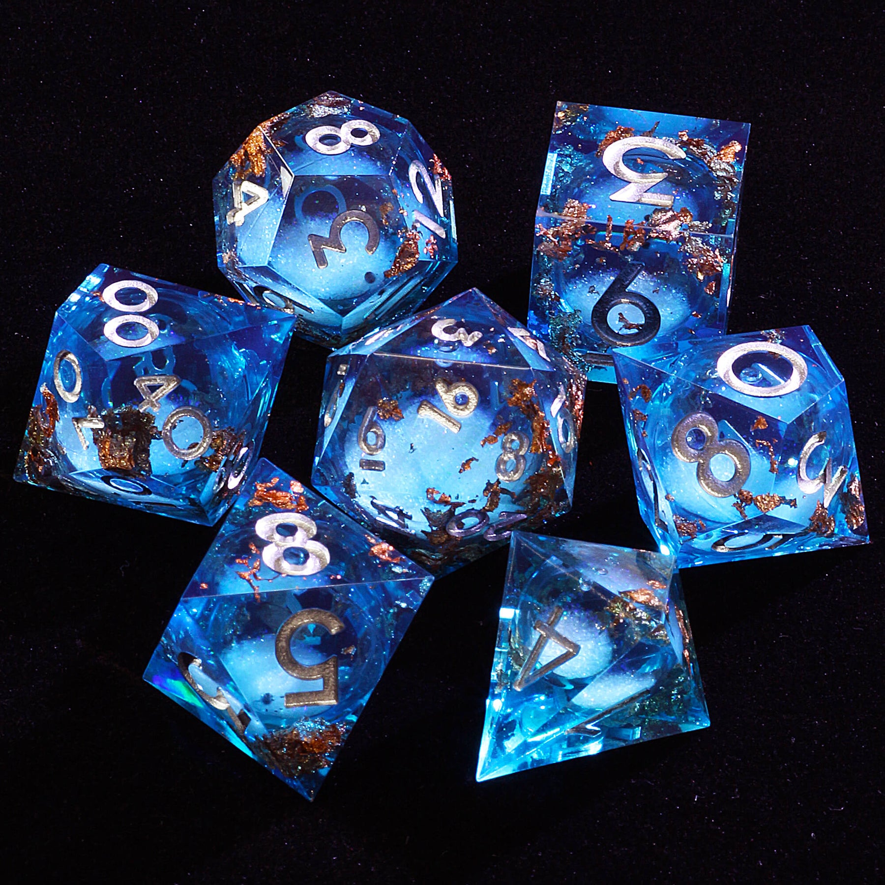 7 Polyhedral Resin Liquid Core DD Dice Set Blue