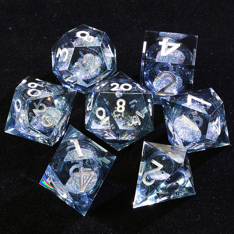7 Polyhedral Resin Silver Liquid Core Set Dice D&D Black