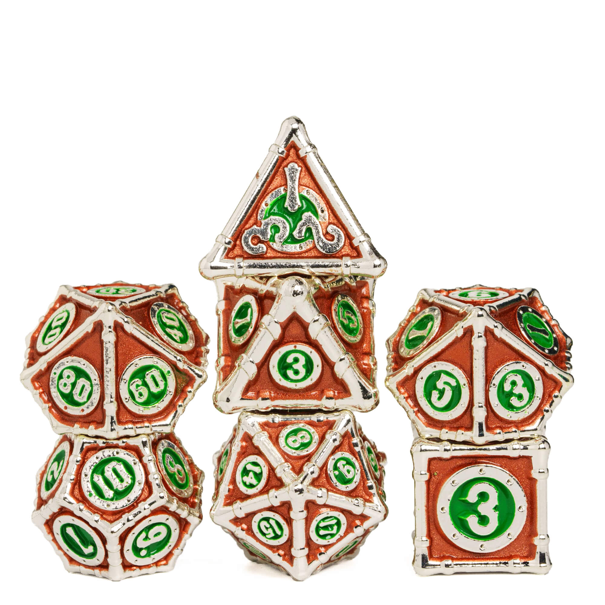 Bamboo Tube 7 Metal Polyhedral Set Dice DnD Gold Green | RPG Dice