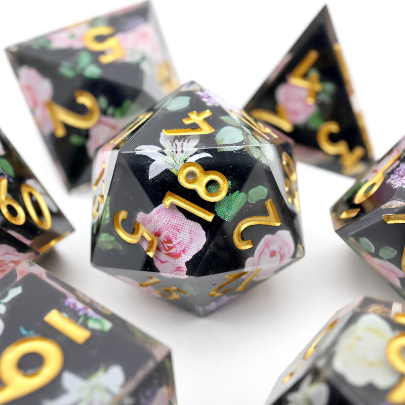 Black Flower Layered DND Dice Set - 7 Pieces | Dice of Dragons