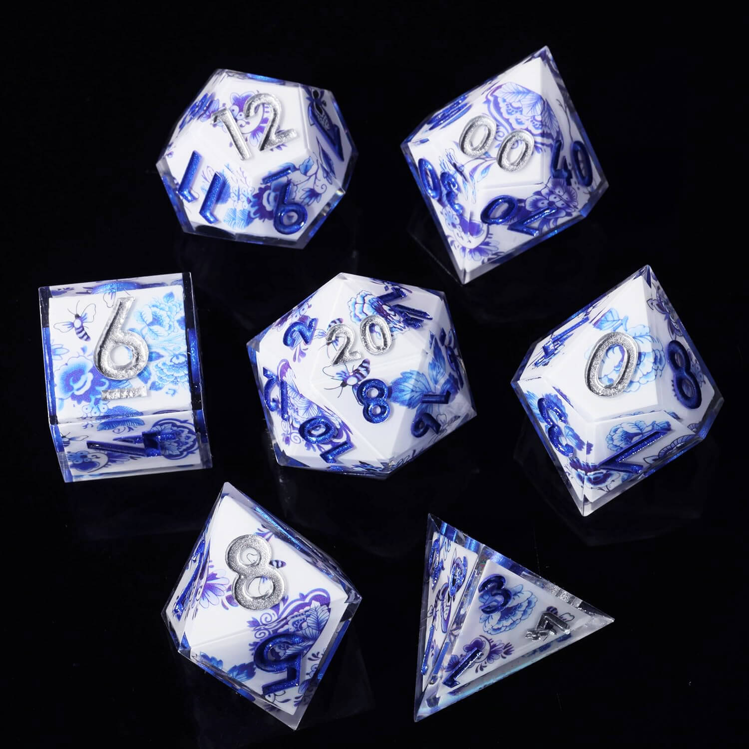 Blue White Porcelain 7-Piece Sharp Edge D&D Dice Set | Dice of Dragons