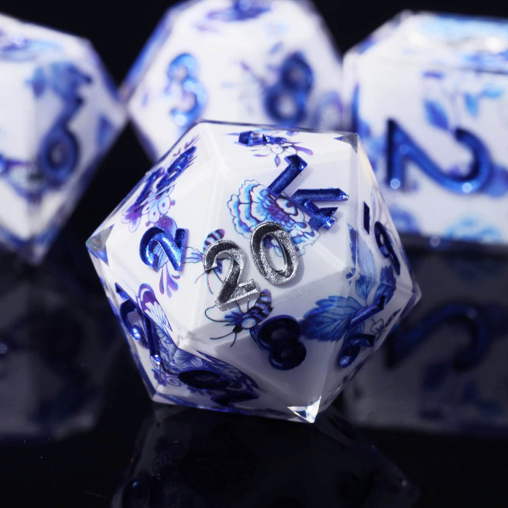 Blue White Porcelain 7-Piece Sharp Edge D&D Dice Set | Dice of Dragons