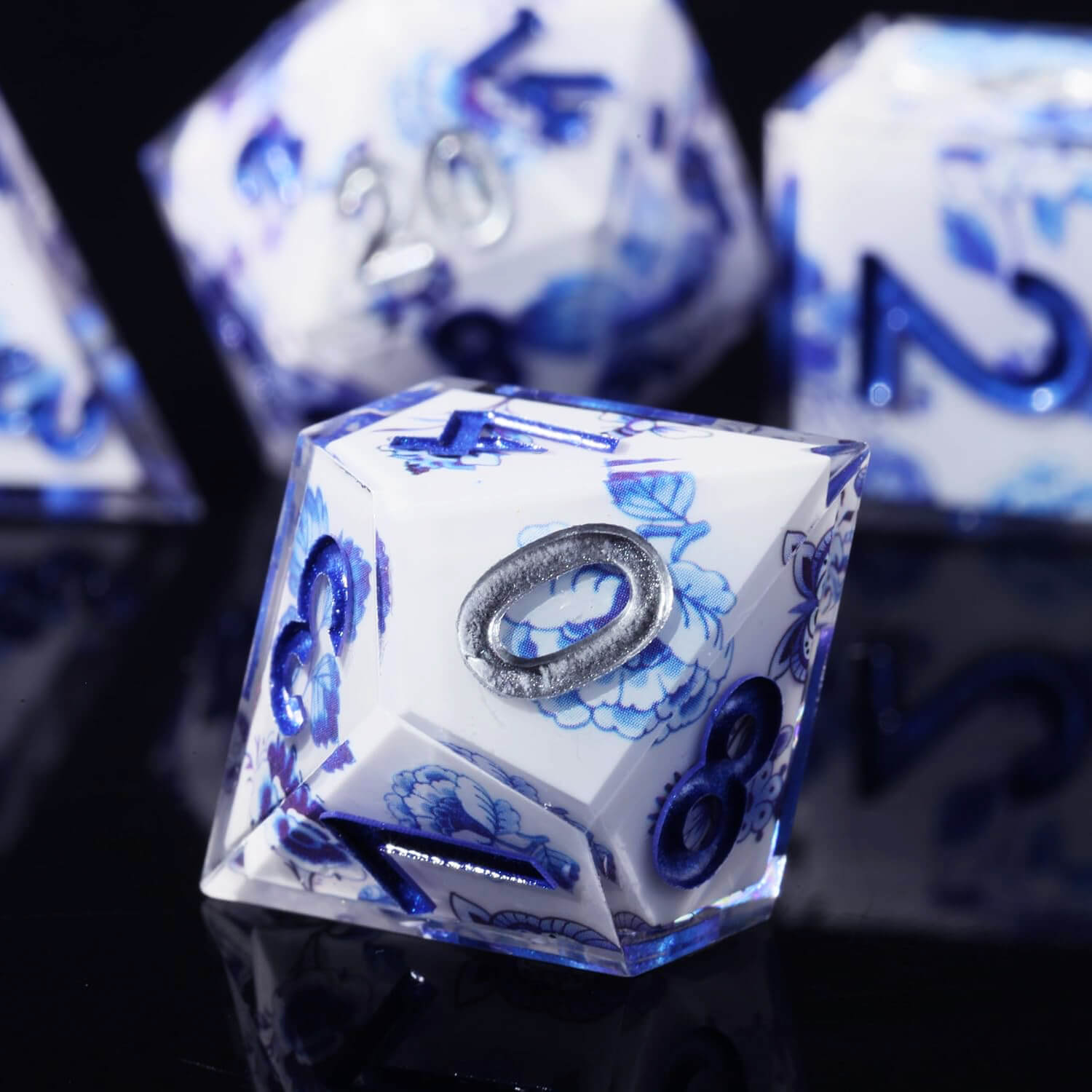Blue White Porcelain 7-Piece Sharp Edge D&D Dice Set | Dice of Dragons