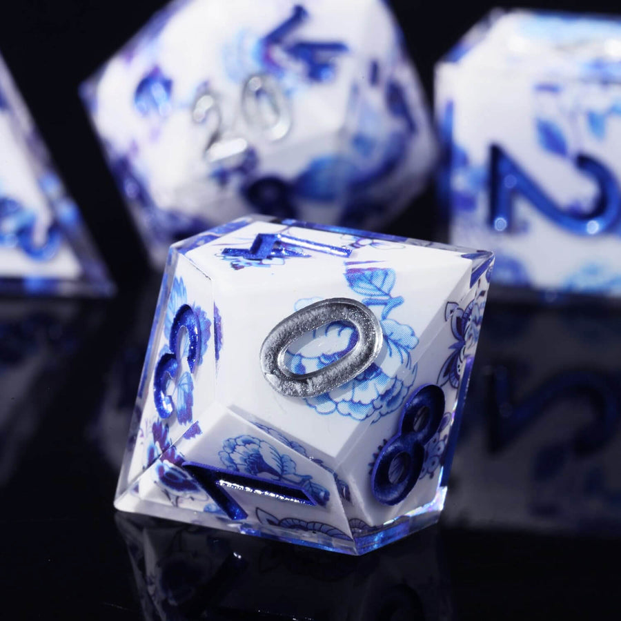 Blue White Porcelain 7-Piece Sharp Edge D&D Dice Set | Dice of Dragons