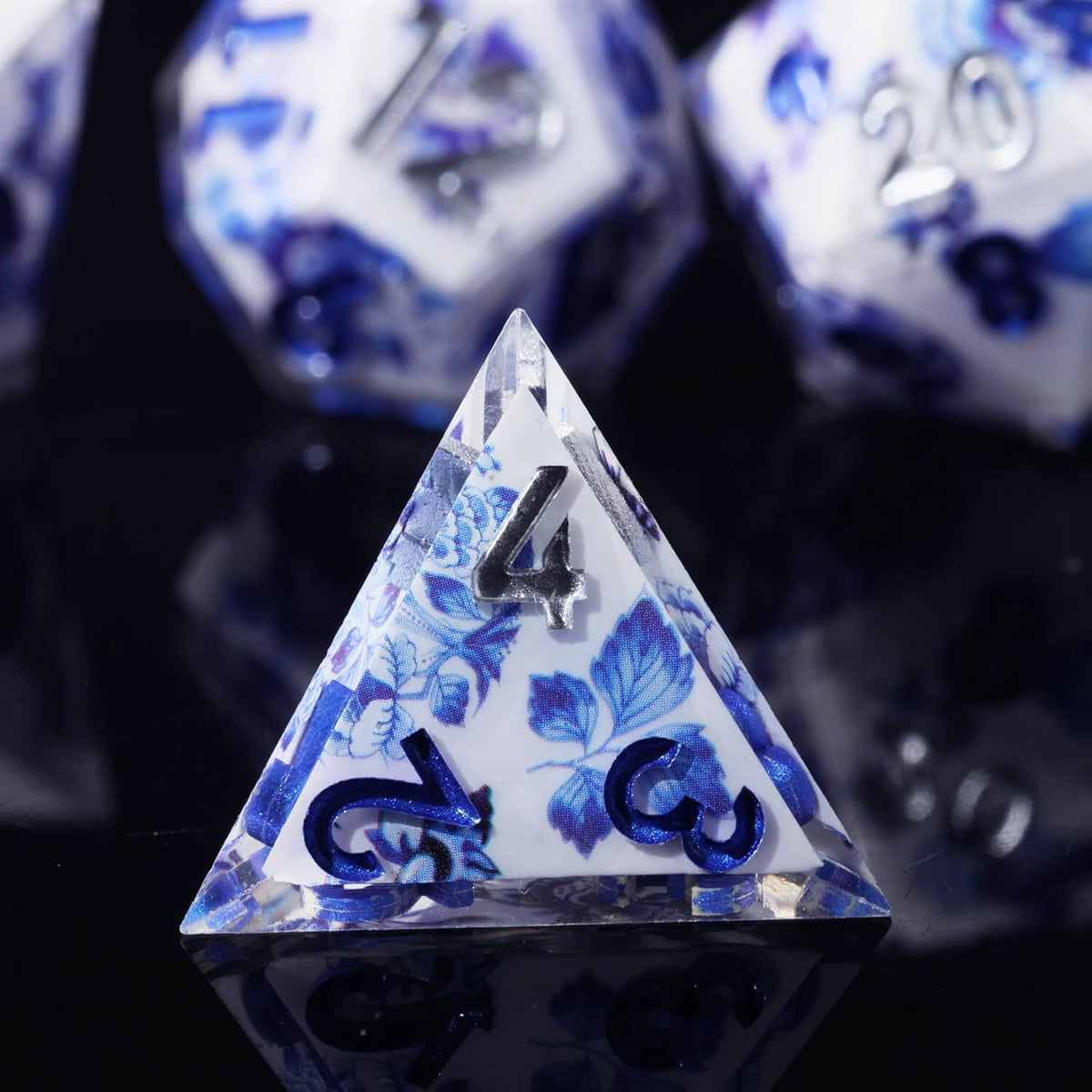 Blue White Porcelain 7-Piece Sharp Edge D&D Dice Set | Dice of Dragons