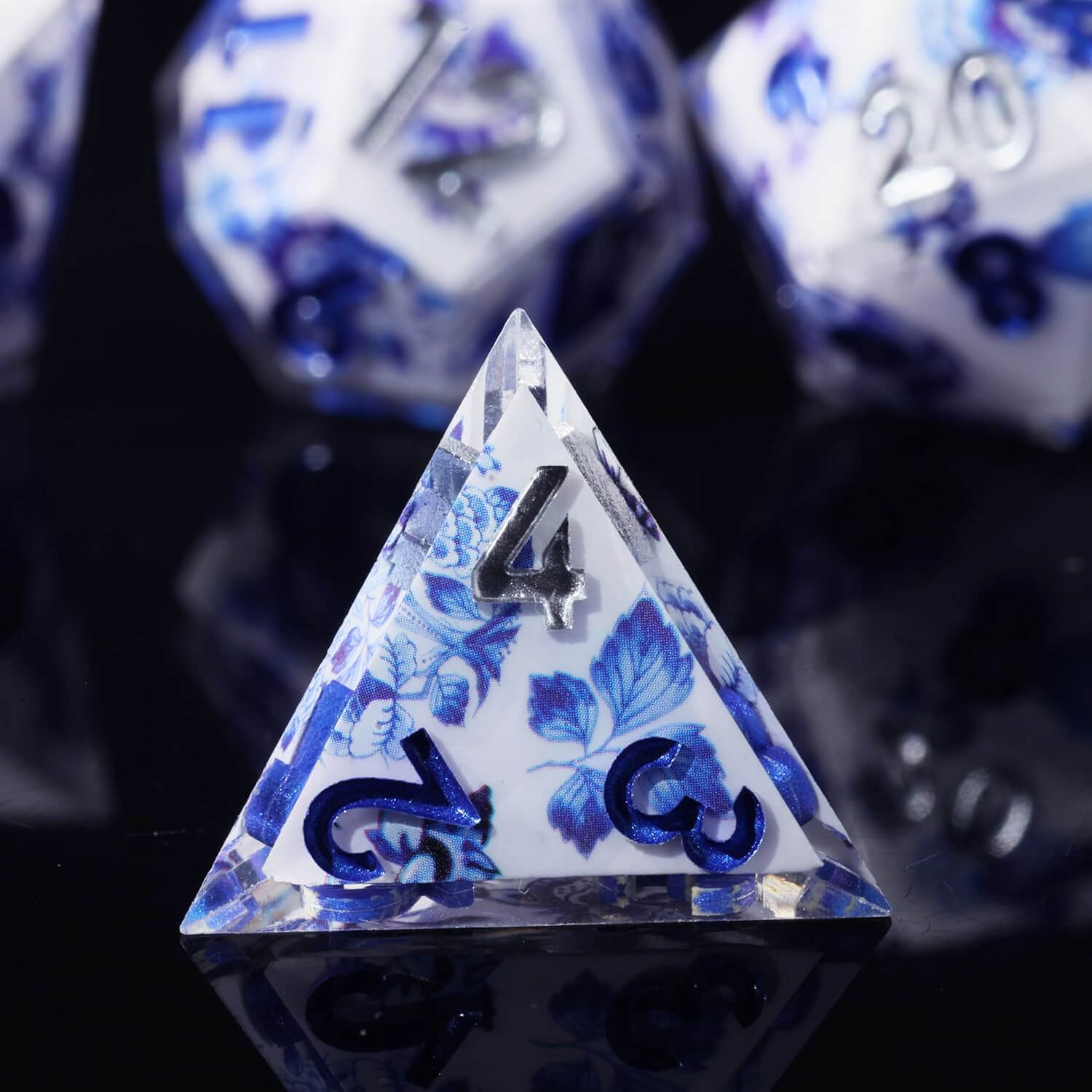 Blue White Porcelain 7-Piece Sharp Edge D&D Dice Set | Dice of Dragons