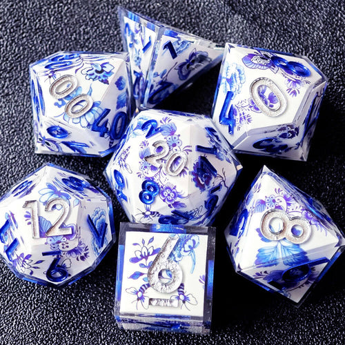 Blue White Porcelain 7-Piece Sharp Edge D&D Dice Set | Dice of Dragons