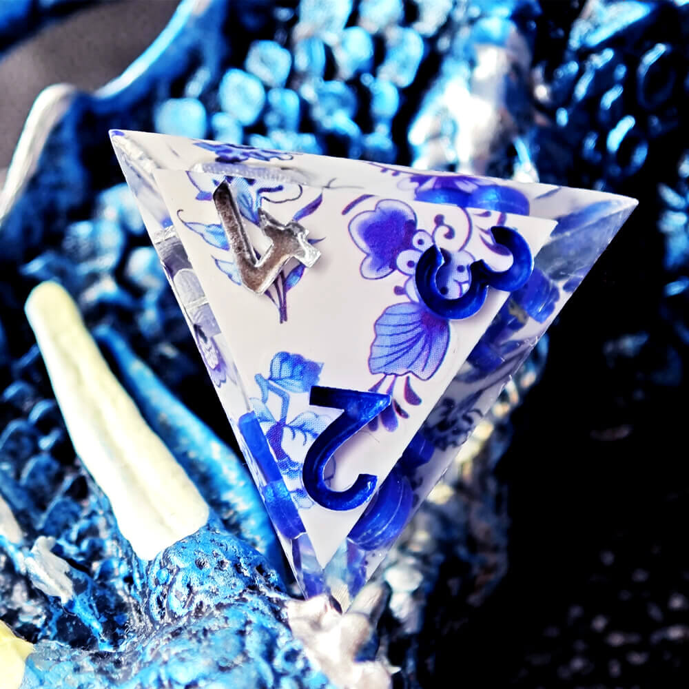 Blue White Porcelain 7-Piece Sharp Edge D&D Dice Set | Dice of Dragons
