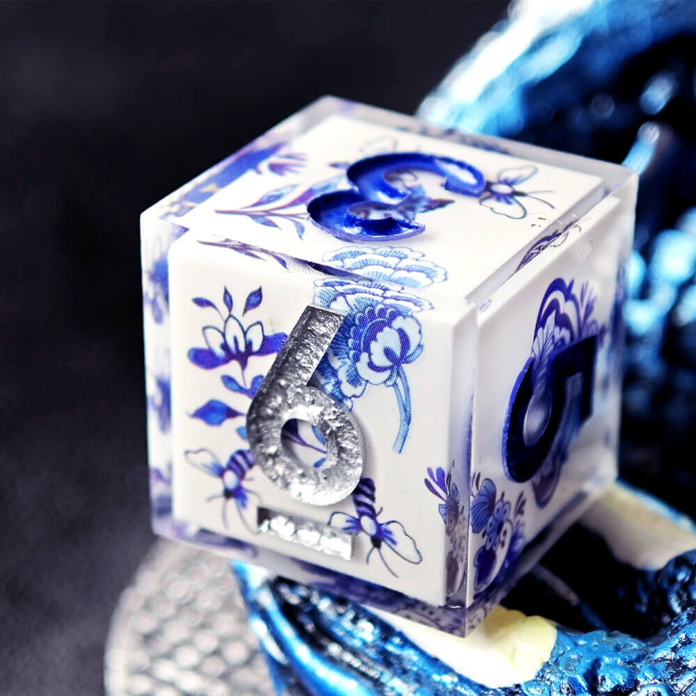 Blue White Porcelain 7-Piece Sharp Edge D&D Dice Set | Dice of Dragons