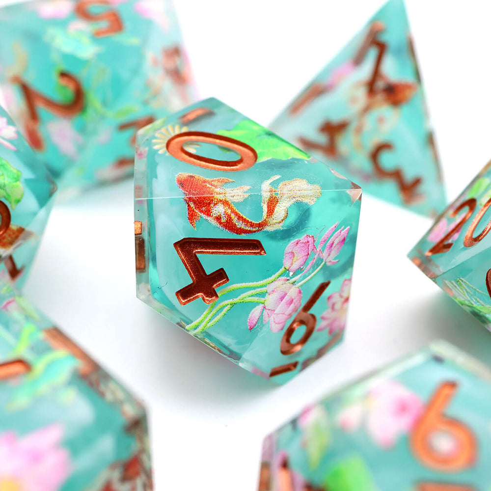 7-Piece Sharp Edge Layered Lotus Flower DND Dice Set | Dice of Dragons