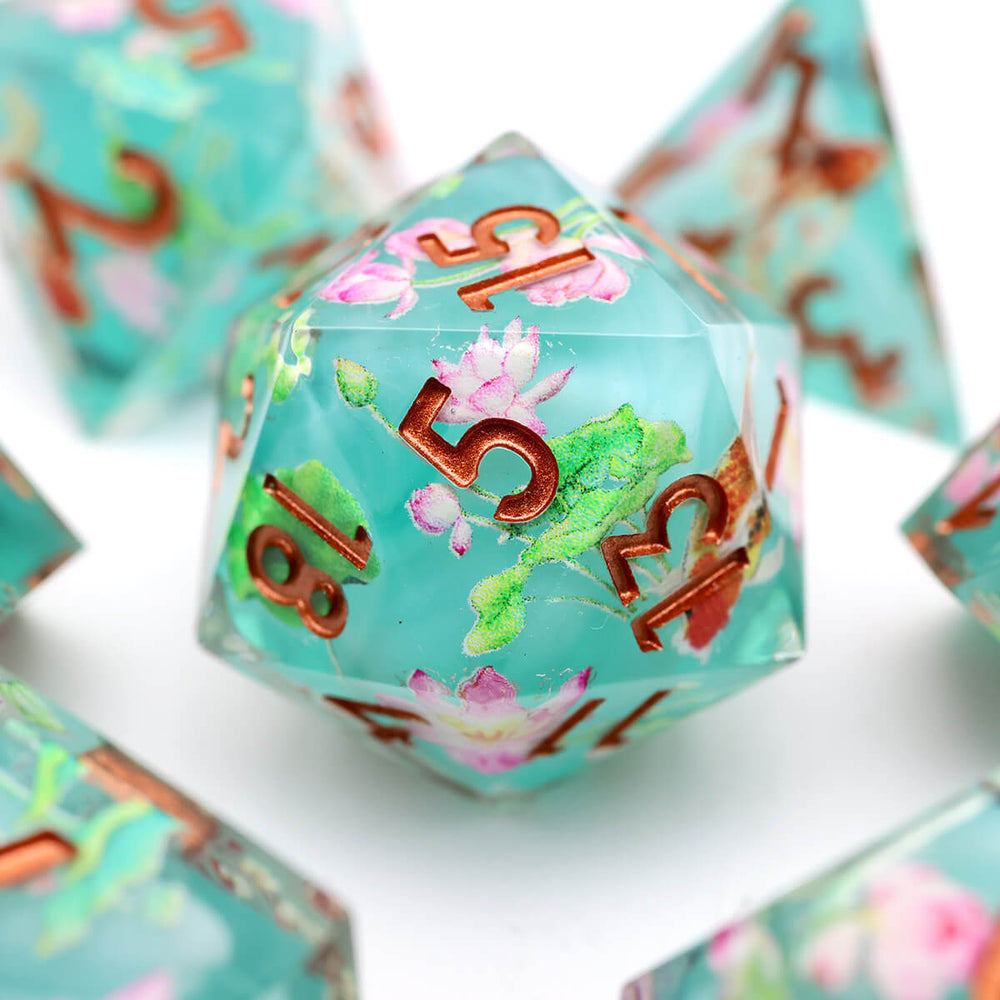 7-Piece Sharp Edge Layered Lotus Flower DND Dice Set | Dice of Dragons