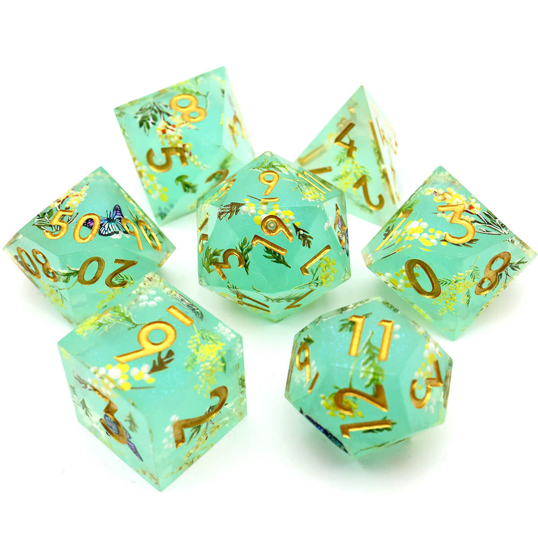Green 7-Piece Sharp Edge Layered DND Dice Set | Dice of Dragons
