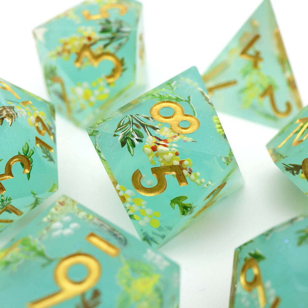 Green 7-Piece Sharp Edge Layered DND Dice Set | Dice of Dragons