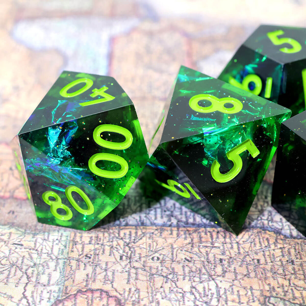 Green Forest 7-Piece Sharp Edge DND Dice Set | Dice of Dragons
