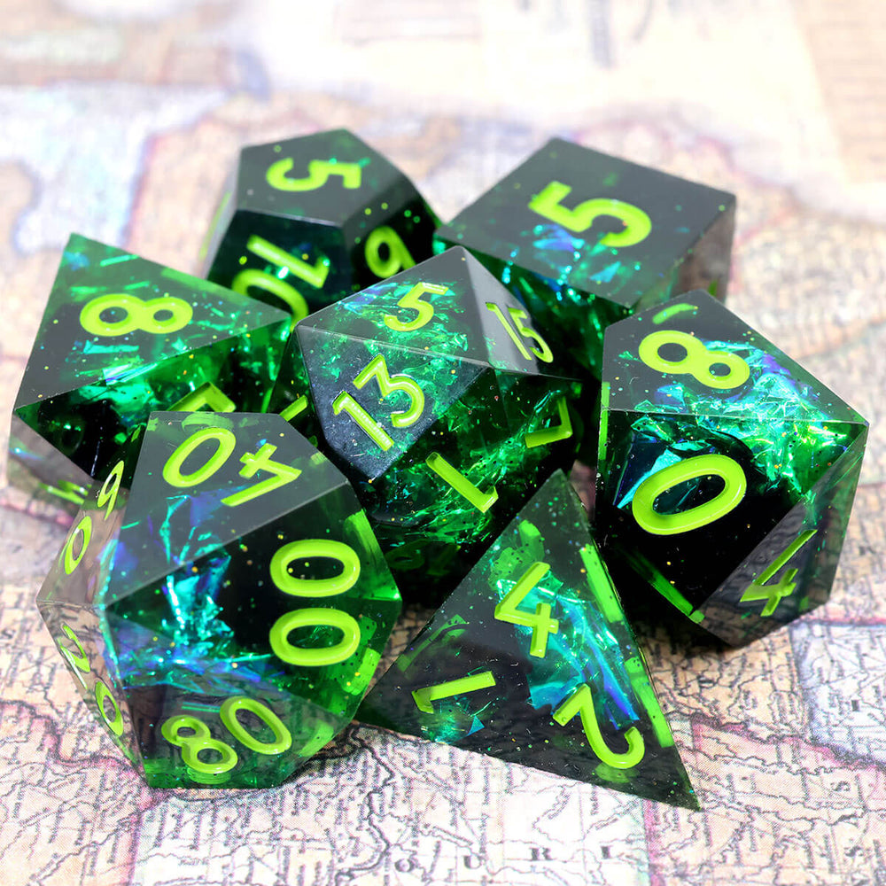 Green Forest 7-Piece Sharp Edge DND Dice Set | Dice of Dragons