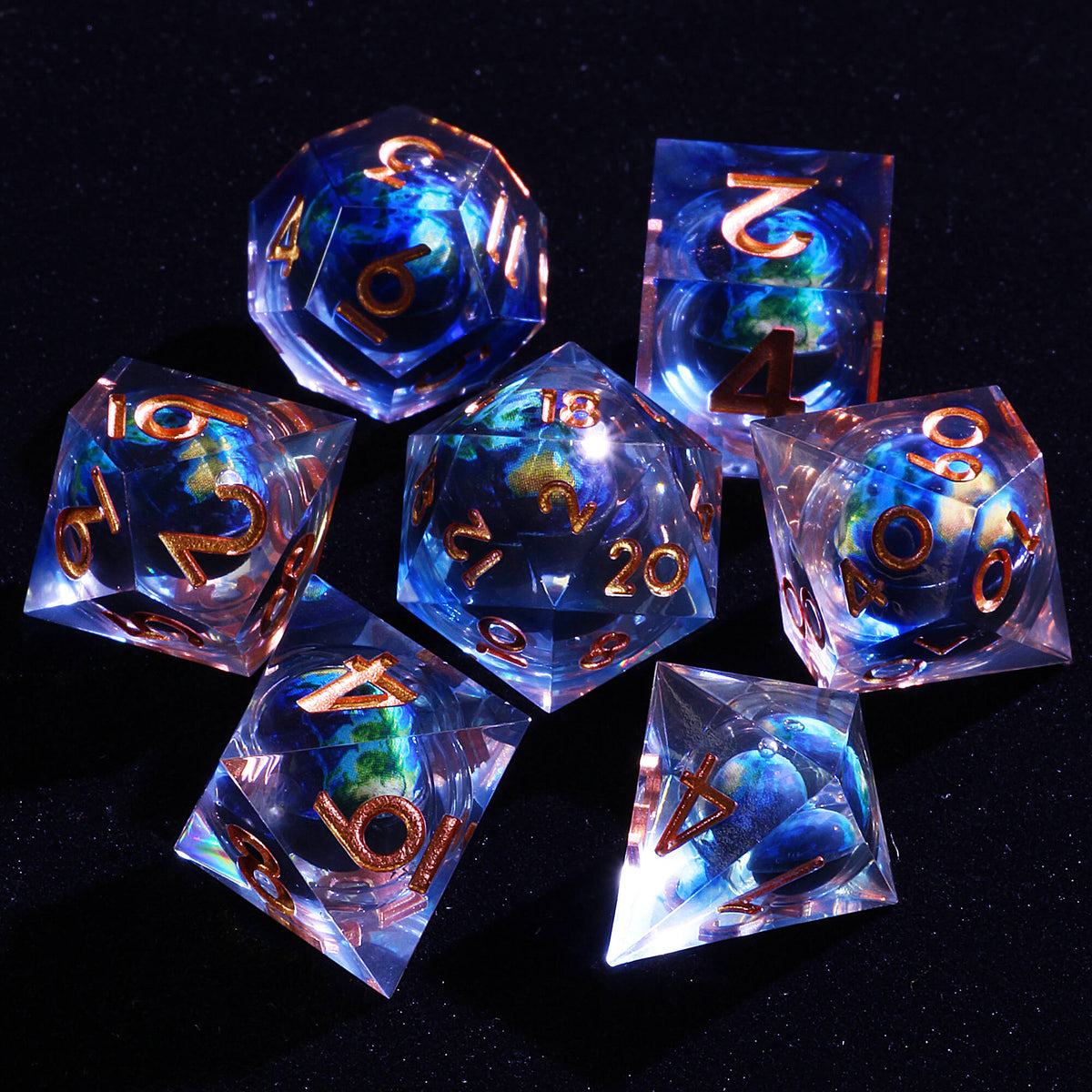 Polyhedral Cool Liquid Core DnD Set of Dice Globe