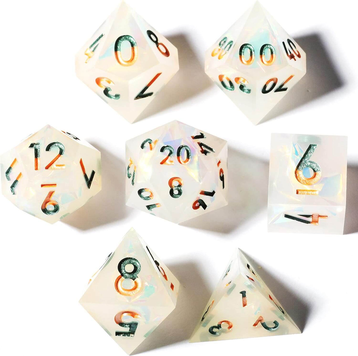 Polyhedral Sharp Edge Dice Sets D&D - Opal Secrets | Dice of Dragons