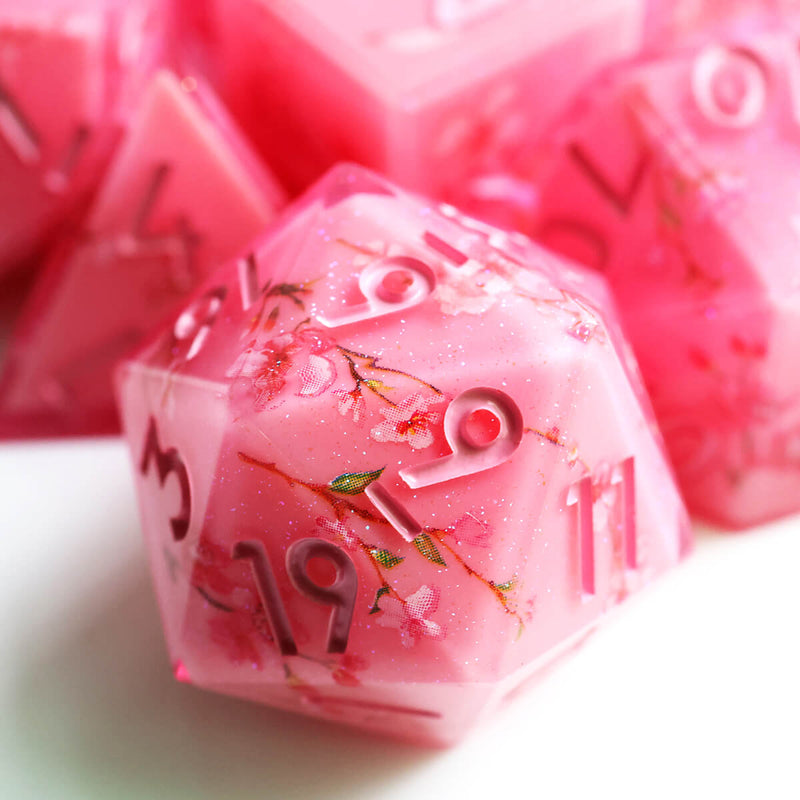 Layered Pink Flower DND Dice Set - 7 Pieces | Dice of Dragons