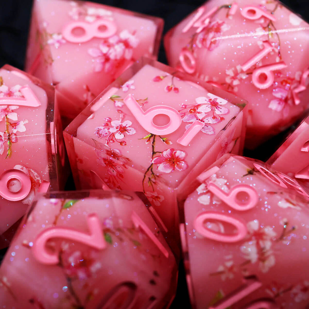 Layered Pink Flower DND Dice Set - 7 Pieces | Dice of Dragons