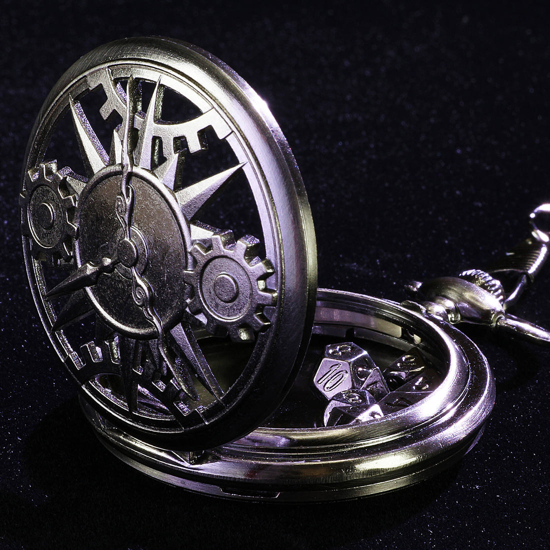 Time Gear Mini Polyhedral Metal DD Dice Set with Pocket Watch Shell Ca